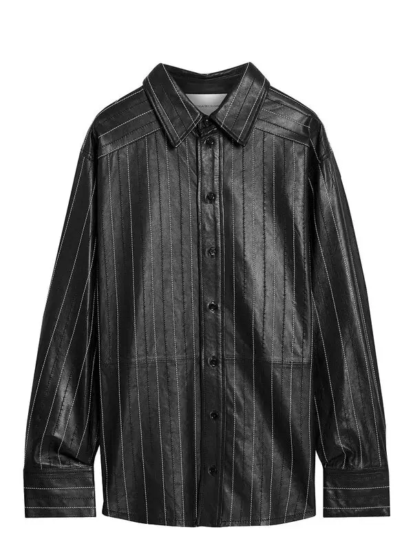 Victoria Beckham Embroidered Pinstriped Leather Shirt - Black