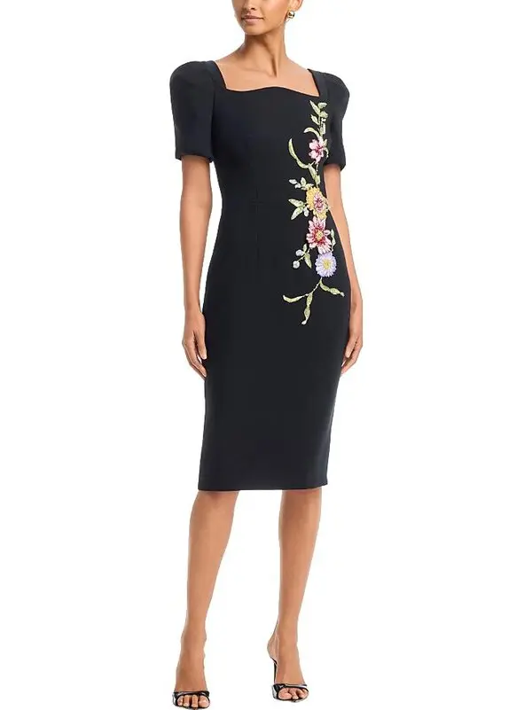 Rickie Freeman For Teri Jon Puff Sleeve Embroidered Midi Dress - Black Multi