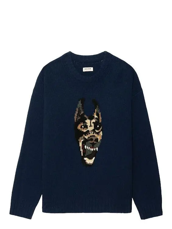 Zadig&Voltaire Swonny Wool Doberman Jacquard Crew Neck Sweater - Marine
