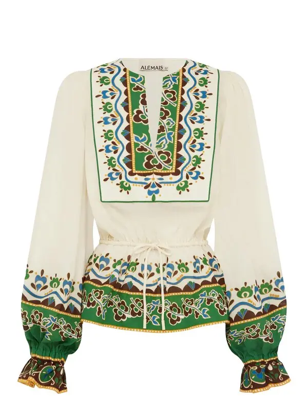 ALEMAIS Relaxed Ramie Blouse With Floral Border Print - Bianco