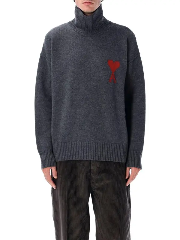 AMI Paris Wool Turtleneck Sweater With Intarsia Motif - Grigio