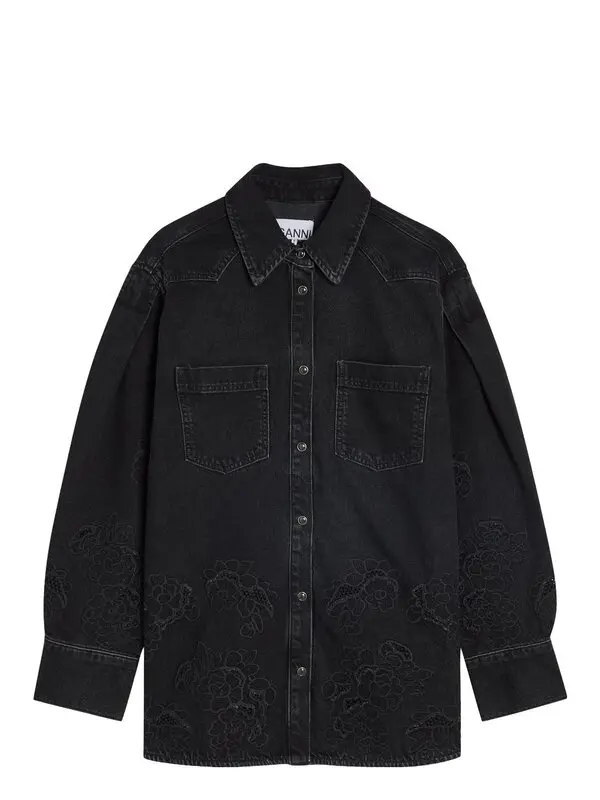 GANNI Embroidered Denim Shirt - Black