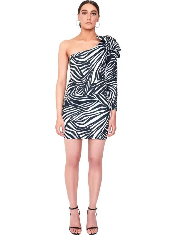 ROSIE BILLINGTON Zebra Print One Shoulder Bow Mini Dress - Black/white
