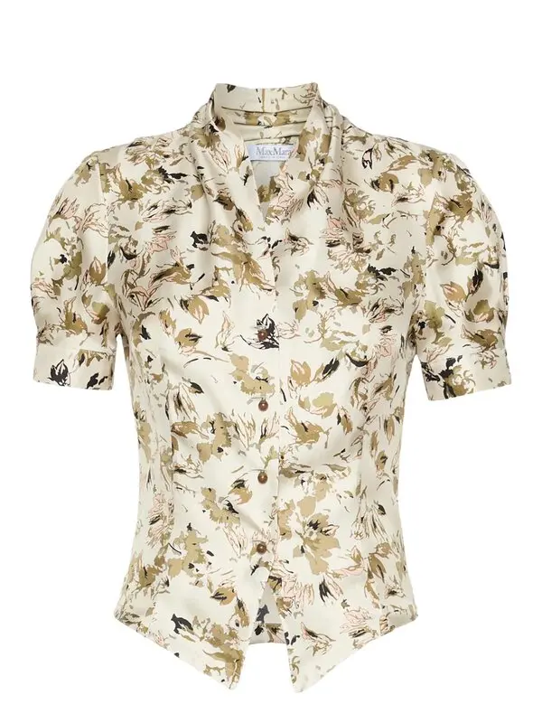 Max Mara Printed Silk Twill Short Sleeve Shirt - White