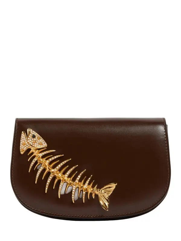 GIUSEPPE ZANOTTI Leather Clutch With Embellished Fish Skeleton Detail - Brown