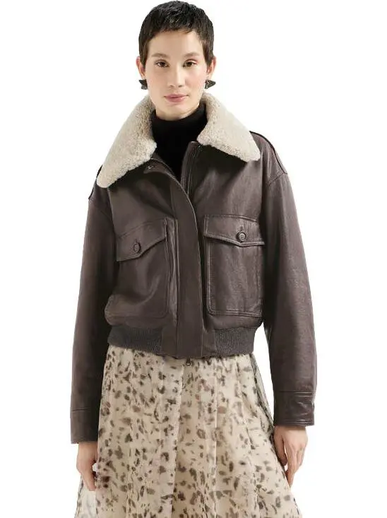 Brunello Cucinelli Polished Nappa Leather Aviator Jacket With Detachable Shearling Collar And Monili - Coffee