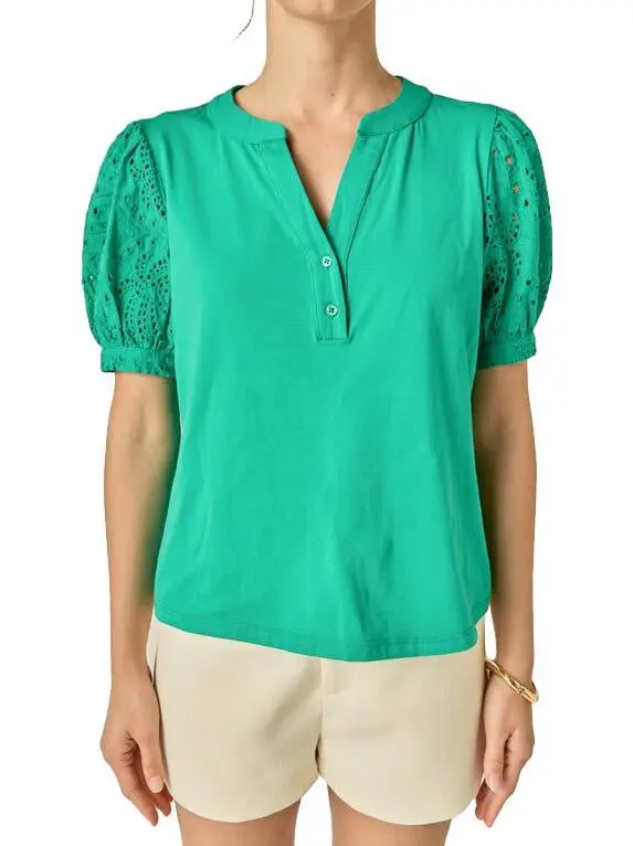 English Factory Mixed Media Eyelet Sleeve Top - Green