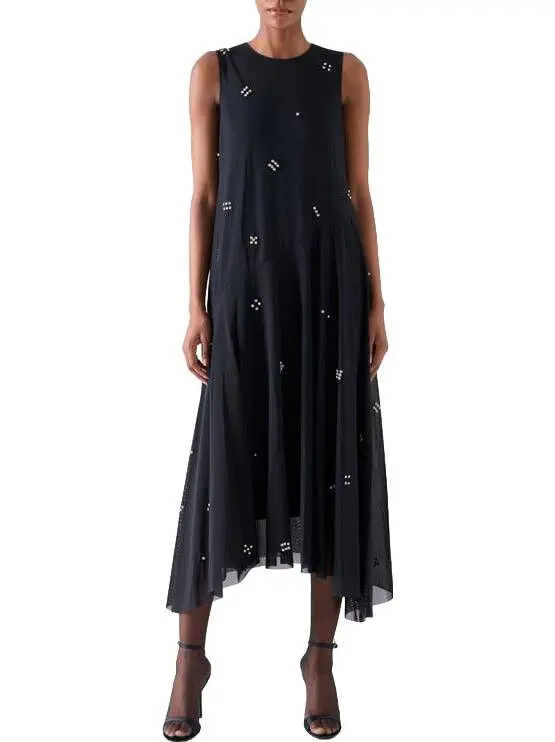 Akris Diamond Dice Mesh Tiered Midi Dress - Black