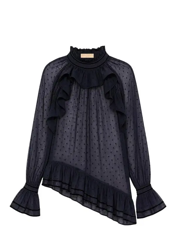 Ulla Johnson Marcella Long Sleeve Cotton Blouse With Polka Dot Motifs And Velvet Trim - Nightfall