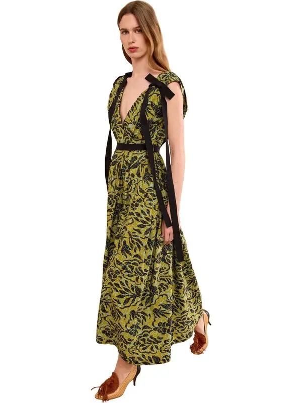 Ulla Johnson Karina Cotton Bow Dress With Floral Print - Chartreuse