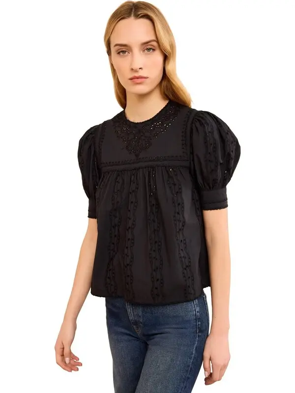 Ulla Johnson Short Sleeve Cotton Top With Puff Sleeves And Eyelet Embroidery - Noir