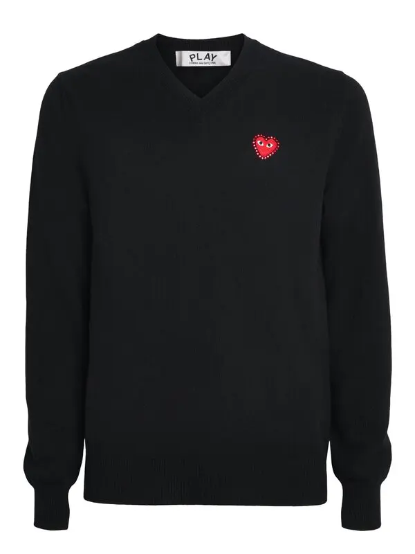 Play Comme Des Garcon Embellished Heart V-neck Wool Sweater - Black