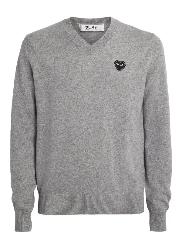 Play Comme Des Garcon Wool V-neck Rhinestone Heart Sweater - Grey