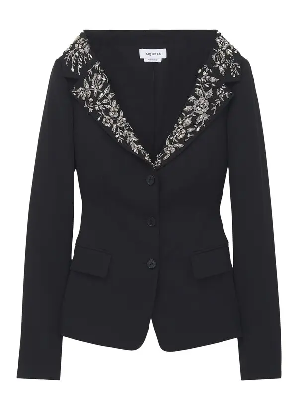 Alexander McQueen Wool Blazer With Beaded Collar - Black