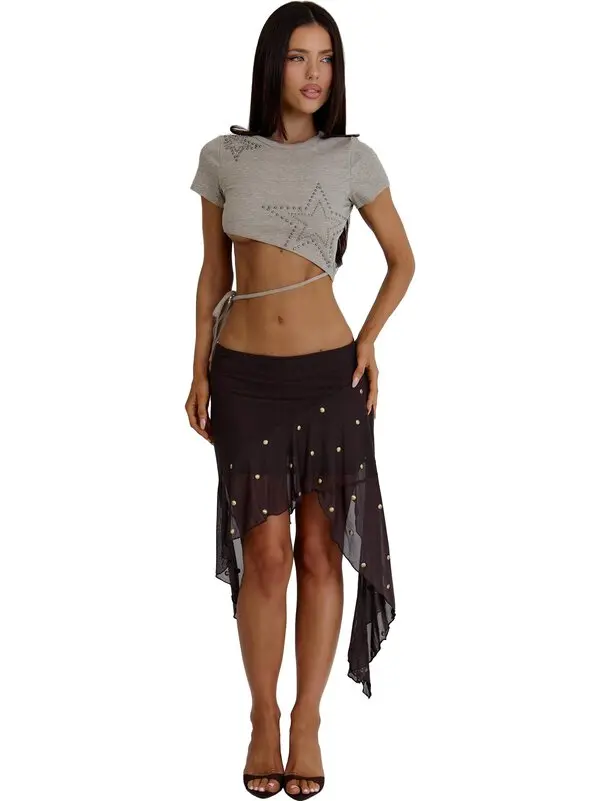 OUTCAST Keirah Ribbed Cotton Tee With Star Embellishment And Asymmetrical Hem - Gray/print