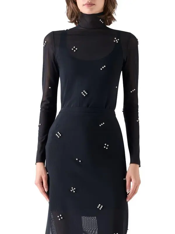 Akris Diamond Dice Mesh Turtleneck Top - Black