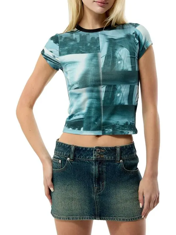 PACSUN Graphic Knit Cotton Blend Crop T-shirt - Teal Multi