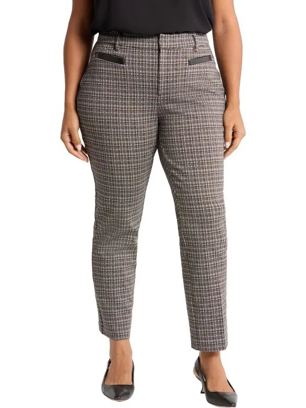 LIVERPOOL Faux Leather Trim Checkered Tapered Pants - Black Tan Checkered