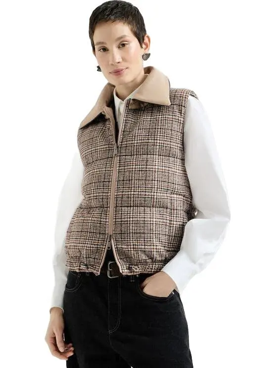 Brunello Cucinelli Reversible Down Vest With Detachable Leather Collar And Monili - Camel