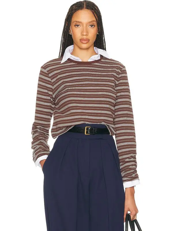 HELSA The Rib Long Sleeve Tee In Stripe - Brown Stripe