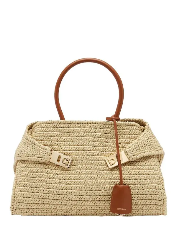 FERRAGAMO Hug Medium Raffia Shoulder Bag - Beige