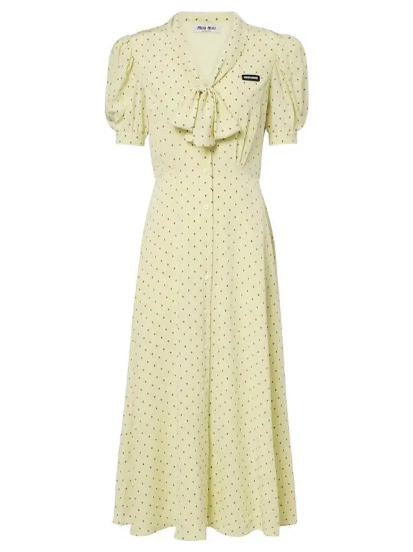 Miu Miu Polka-dot Tie-neck Silk Midi Dress - Yellow