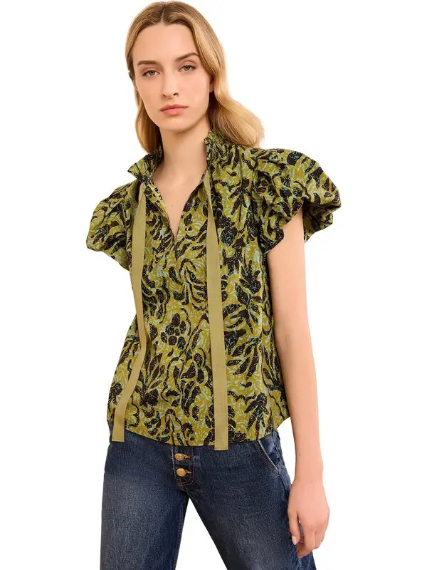 Ulla Johnson Estela Short Sleeve Cotton Top With Bubble Sleeves And Ruffle Collar - Chartreuse
