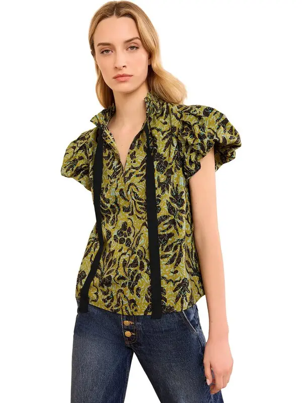 Ulla Johnson Estela Short Sleeve Cotton Top With Bubble Sleeves And Ruffle Collar - Chartreuse