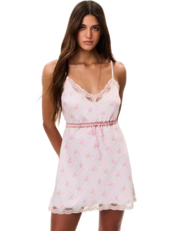 LoveShackFancy Nicoli Floral Satin Mini Slip Dress - Eucalyptus