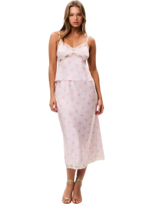 LoveShackFancy Castle Floral Satin Midi Skirt With Lace Trim - Eucalyptus