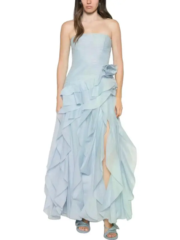 Aje Strapless Ruffled Gown With Floral Appliqu - Blue