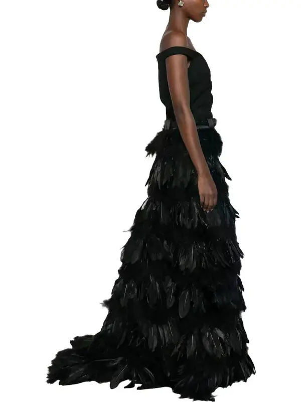 VESTIAIRE D'UN OISEAU LIBRE Feather-embellished Maxi Skirt - Black