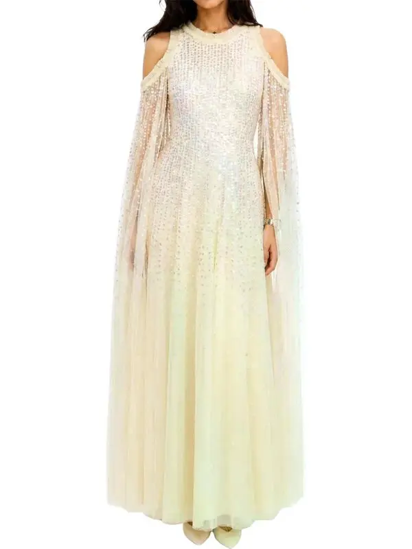NEEDLE & THREAD Moonlight Sequin-embellished Cape-sleeve Maxi Dress - Neutrals
