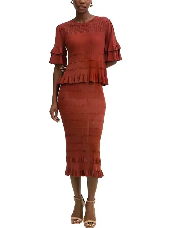 TWINSET Pointelle Knit Midi Skirt With Ruffled Hem - Red