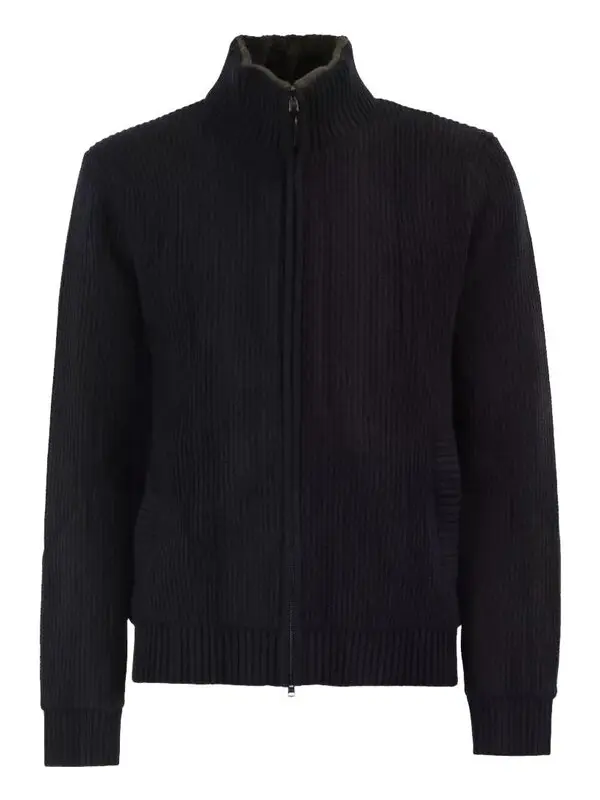 Herno Zip-up Textured Knit Sweater With Faux Fur Collar - Blue