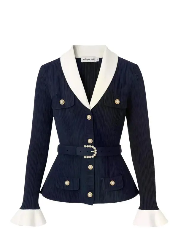 SELF-PORTRAIT Ribbed Knit Sweater With Faux Pearl Embellishments - Blue