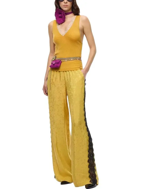 Pinko Lace-trimmed Ribbed V-neck Sleeveless Top - Yellow