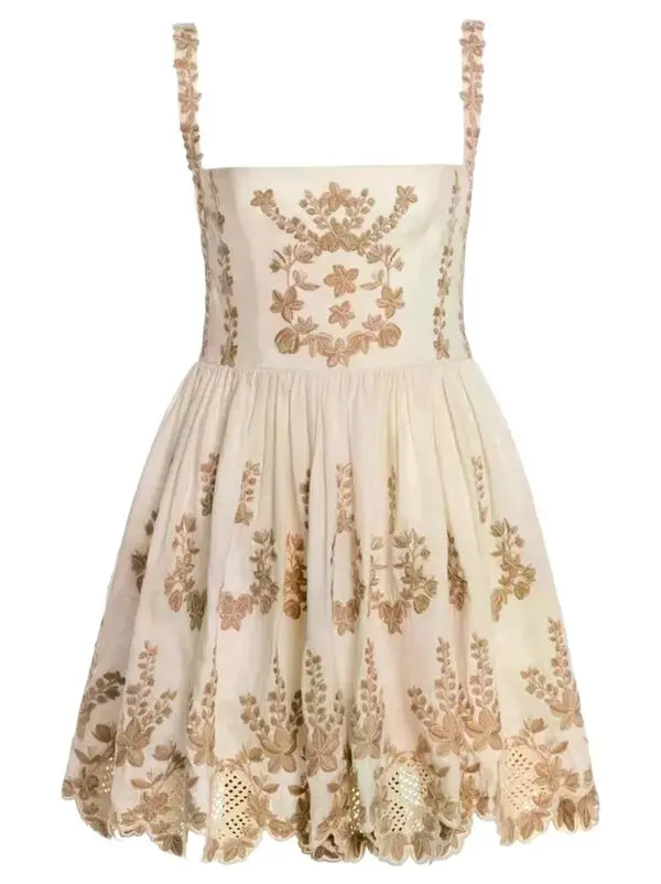 Agua Bendita Floral Embroidered Linen Mini Dress - Neutrals
