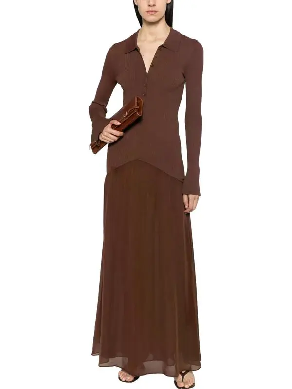 Patrizia Pepe Ribbed Knit Maxi Dress With Button-up Polo Collar - Brown