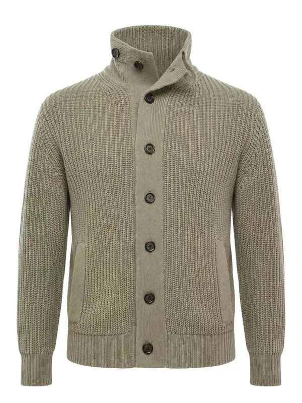 PAOLO PECORA Ribbed Knit High Neck Cardigan - Green