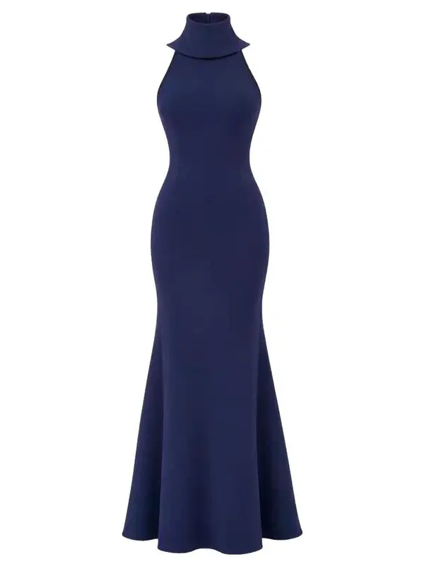 Badgley Mischka Navy Draped Crepe Gown - Blue