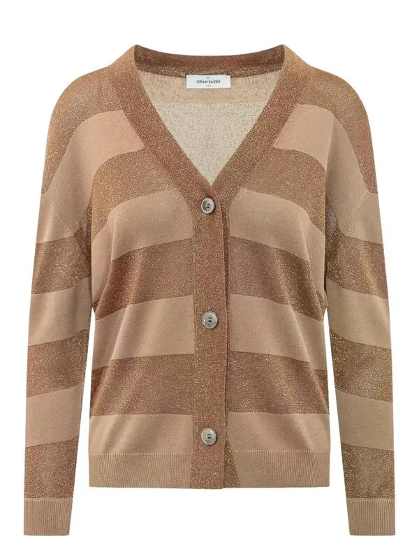 GRAN SASSO Striped V-neck Cardigan With Lurex Detailing - Neutrals