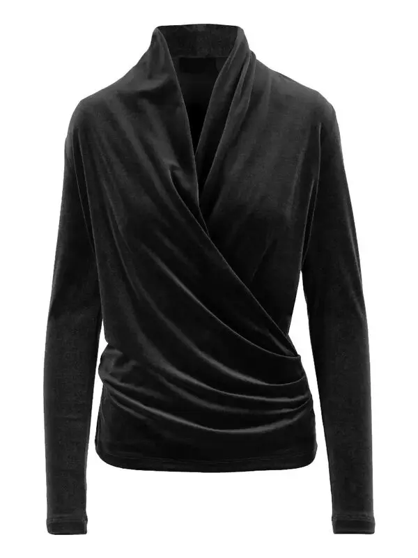F.IT Velvet Wrap Blouse With Draped V-neck And Long Sleeves - Black