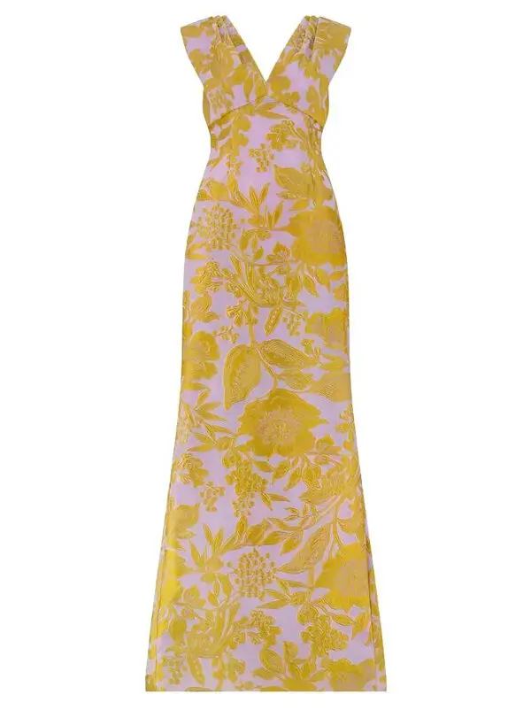 Lela Rose Floral Fil Coupé V-neck Maxi Dress - Pink