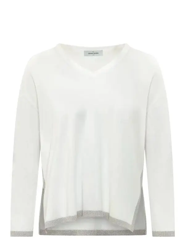 GRAN SASSO V-neck Lurex Trim Long Sleeve Top - White
