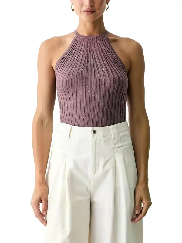 Guess Rhinestone-embellished Ribbed Halter Neck Top - Purple