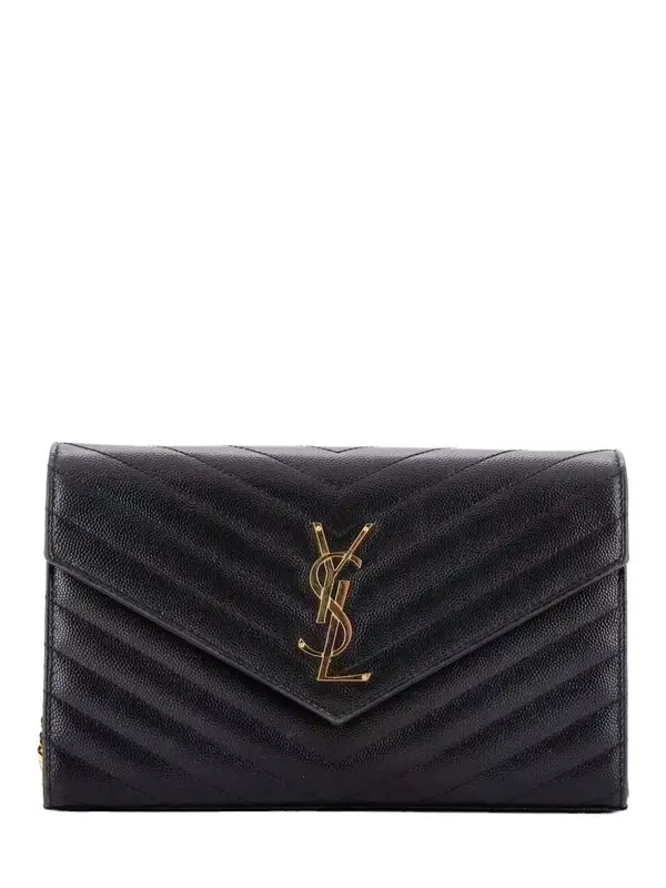 Saint Laurent Classic Monogram Wallet On Chain Matelasse Chevron Leather Medium Crossbody Bag - Black