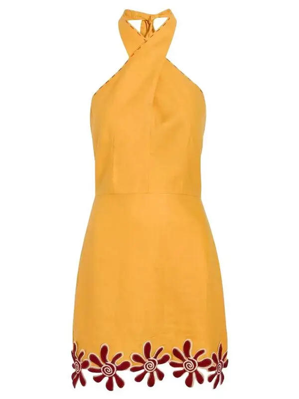 CALA DE LA CRUZ Linen Floral-appliqué Halterneck Mini Dress - Yellow