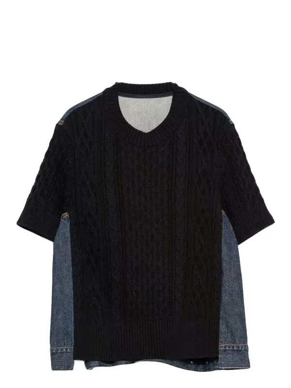 Sacai Cable-knit And Denim Panel Sweater - Blue