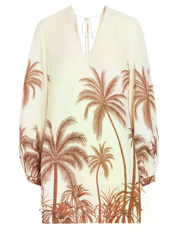 ANDRES OTALORA Palm Tree-print V-neck Mini Dress - Neutrals